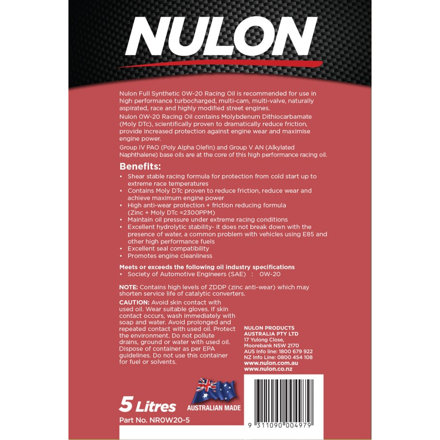 Nulon Racing 0W-20 5L $119.99 FREE Pro Strength Additive – Lyto