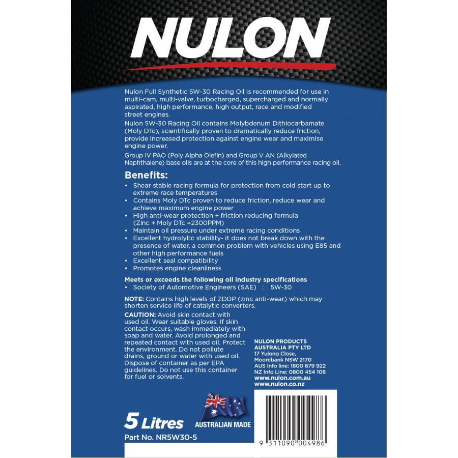 Nulon Racing 5W-30 5L $119.99 FREE Pro Strength Additive – Lyto