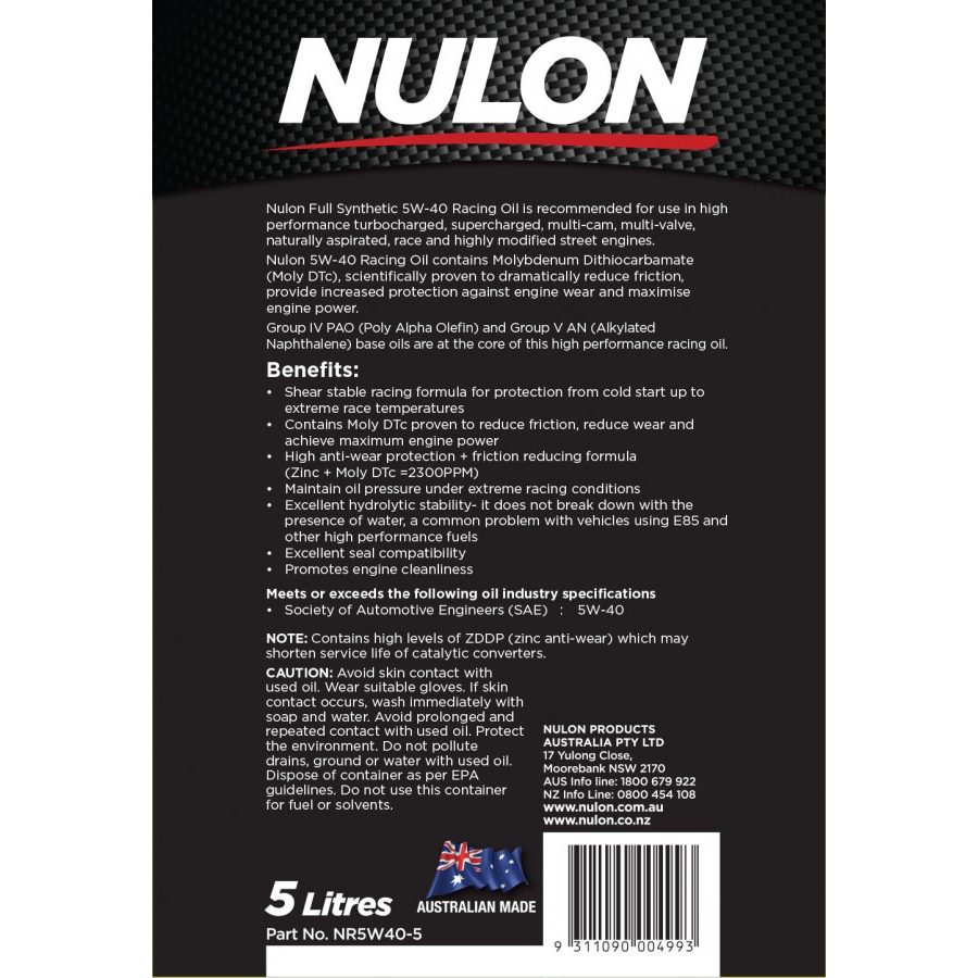 Nulon Racing 5W-40 5L $119.99 FREE Pro Strength Additive – Lyto