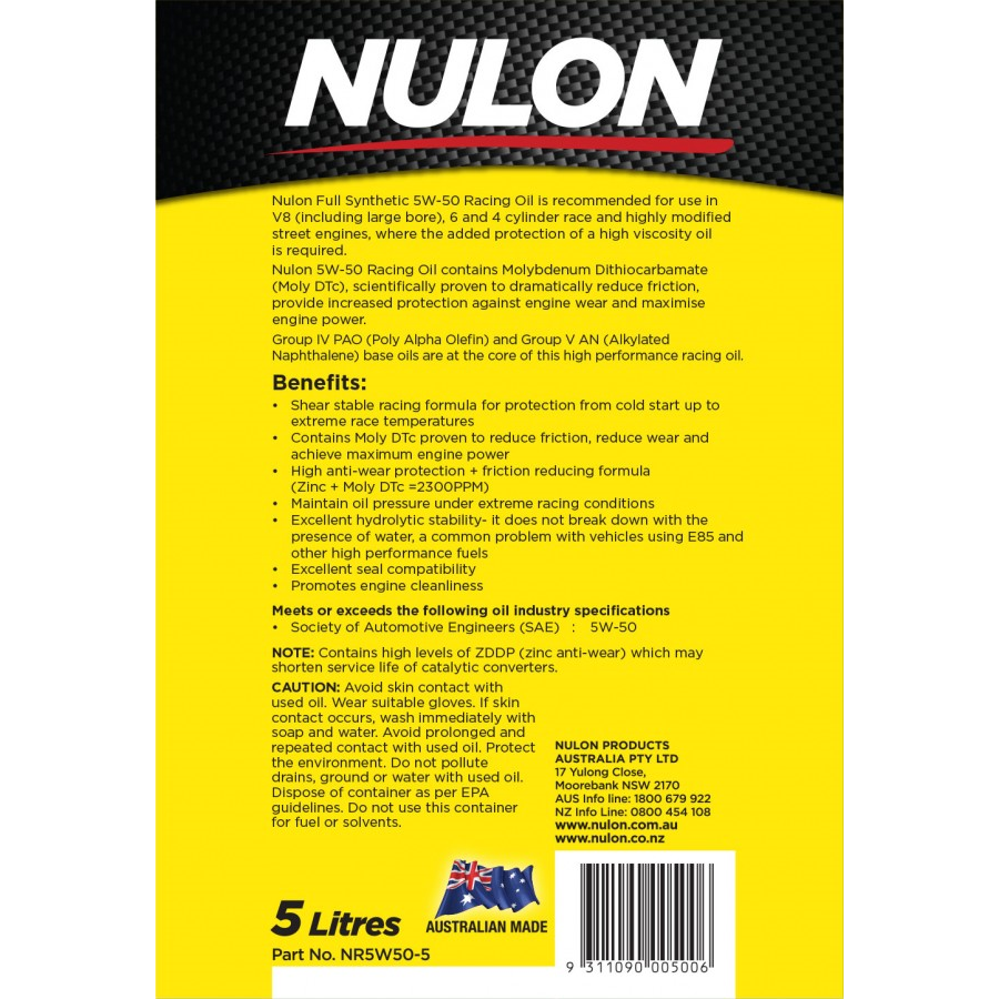 Nulon Racing 5W-50 5L $119.99 FREE Pro Strength Additive – Lyto